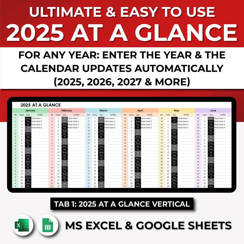 2025 at a Glance | Google Sheets & Exceñyearly Calendar Template ...