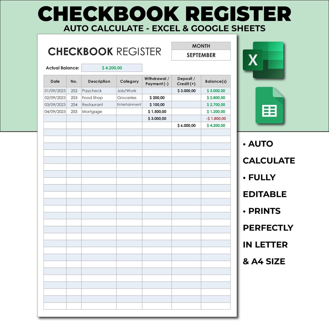 Checkbook Register Excel Spreadsheet Template. Excel Checkbook Register ...