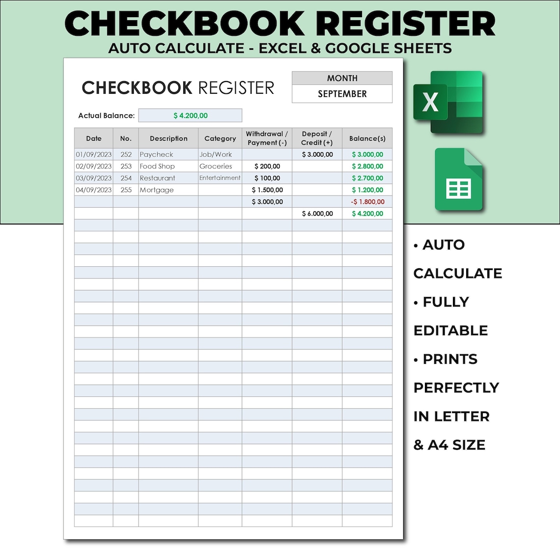 Checkbook Register Excel Spreadsheet Template. Excel Checkbook Register ...