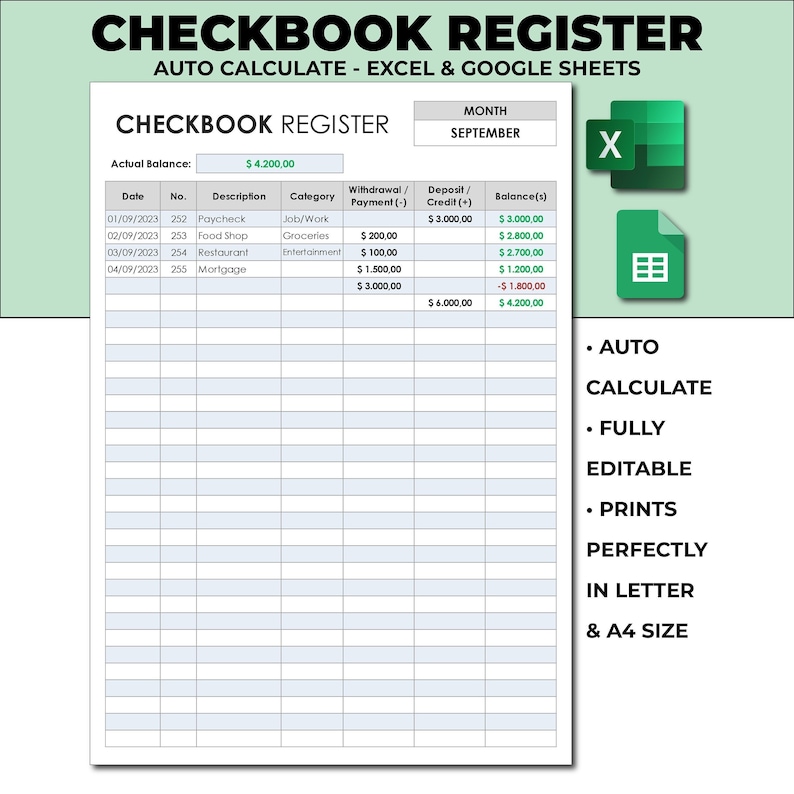 Checkbook Register Excel Spreadsheet Template. Excel Checkbook Register ...