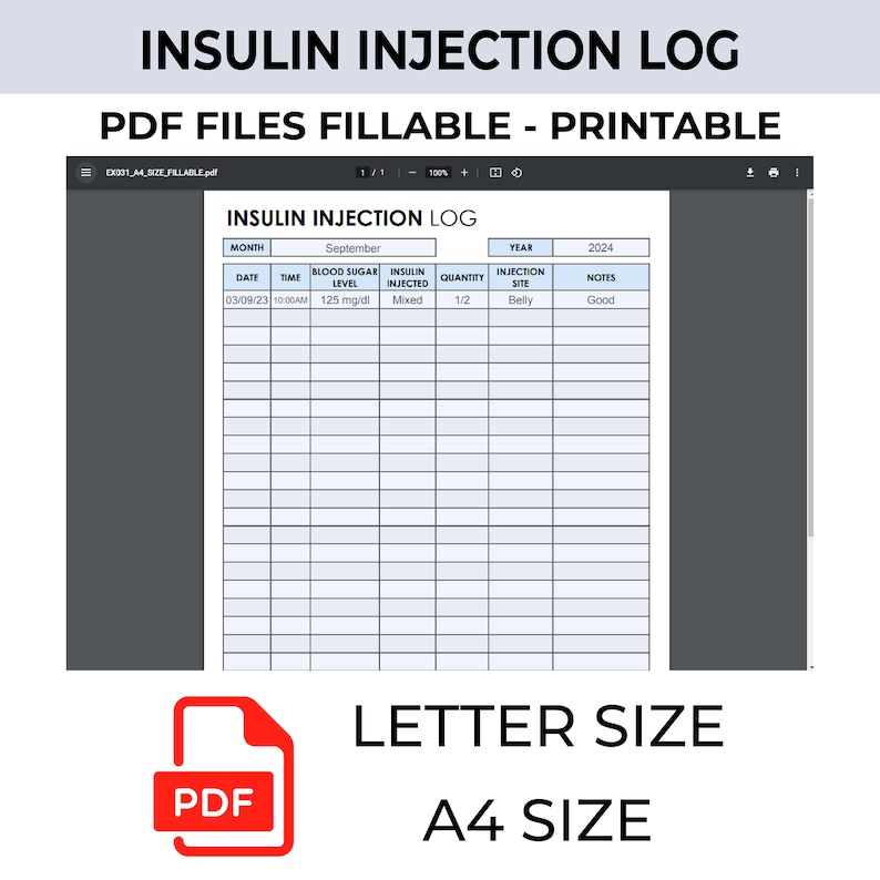Insulin Injection Log. Insulin Injection Tracker. Diabetic Log ...