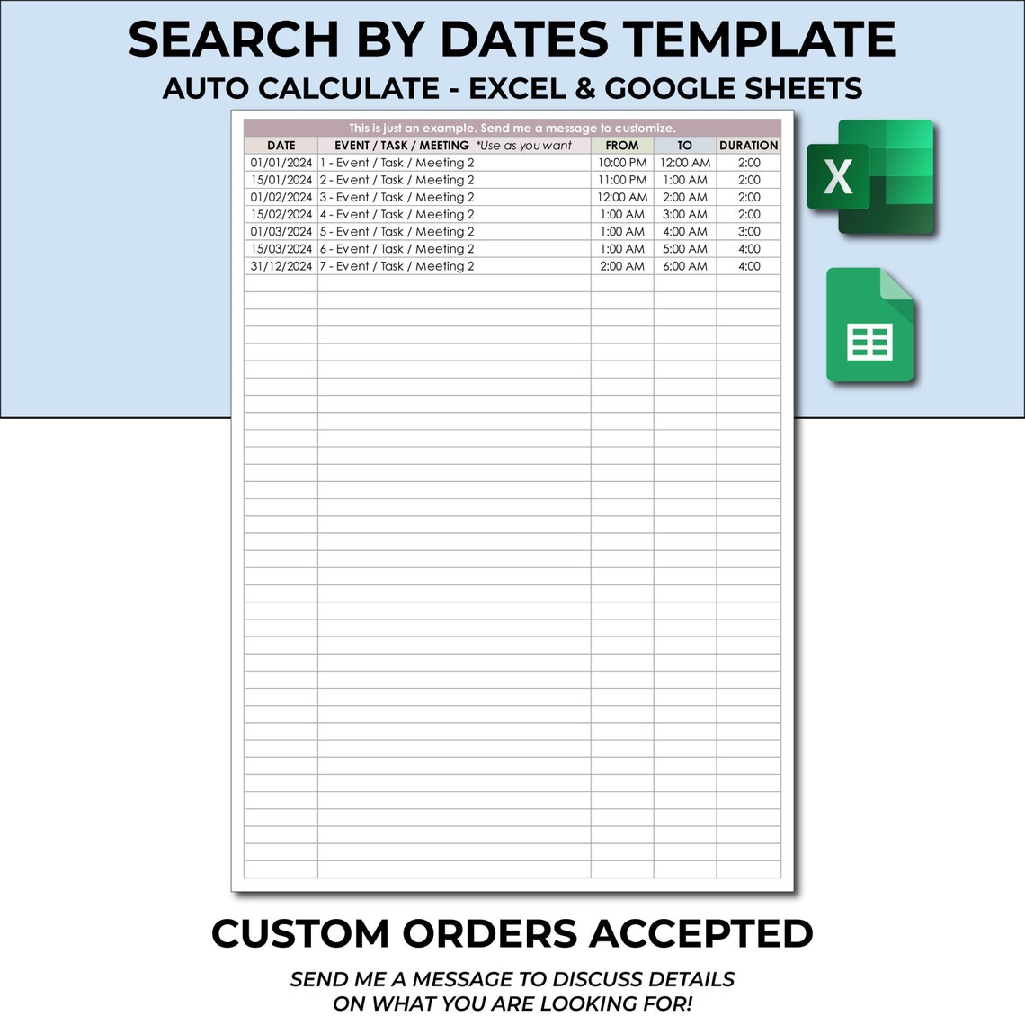 Search by Dates Spreadsheet Template. Excel & Google Sheets. Event Date ...