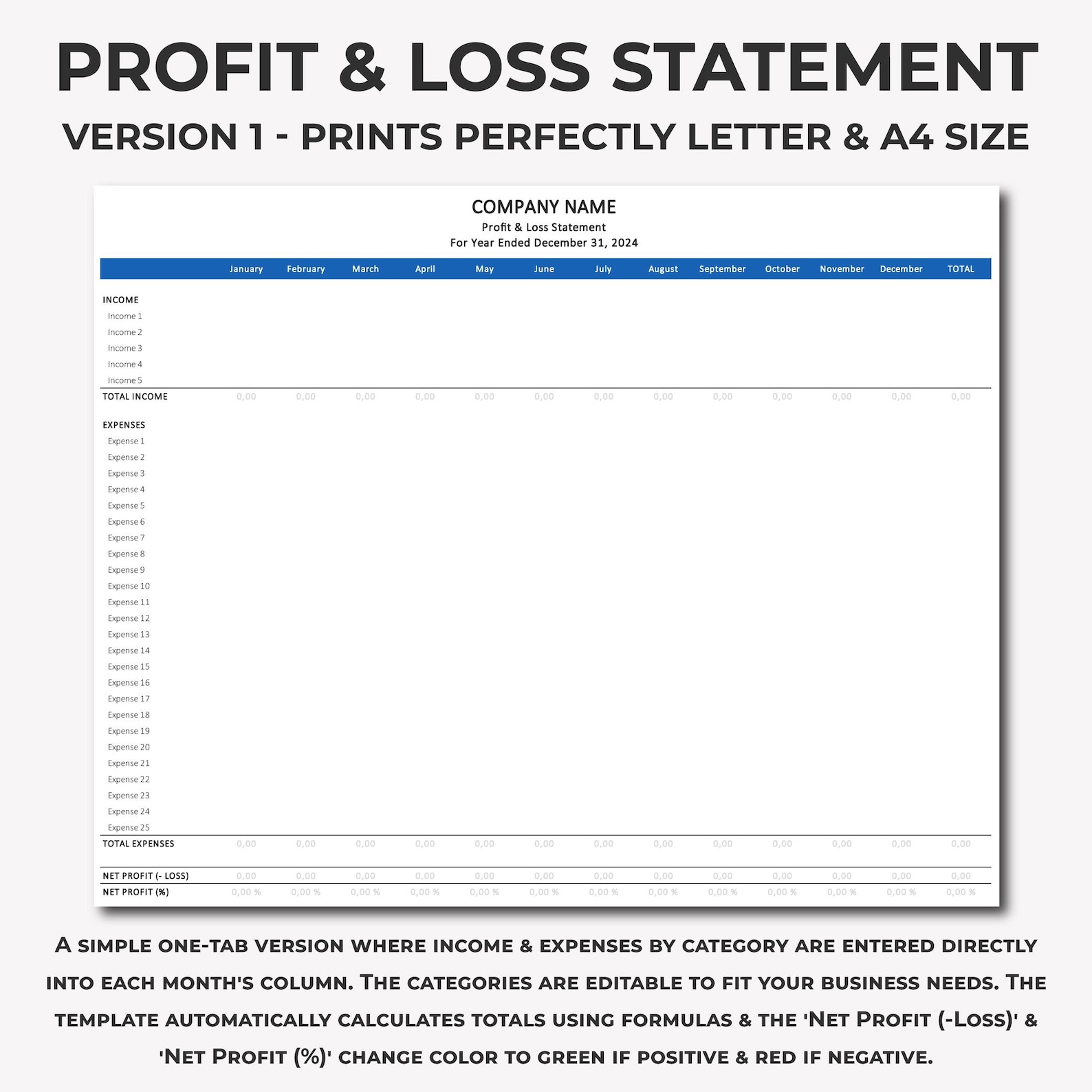 Monthly Profit & Loss Statement Template - Excel Google Sheets Template ...