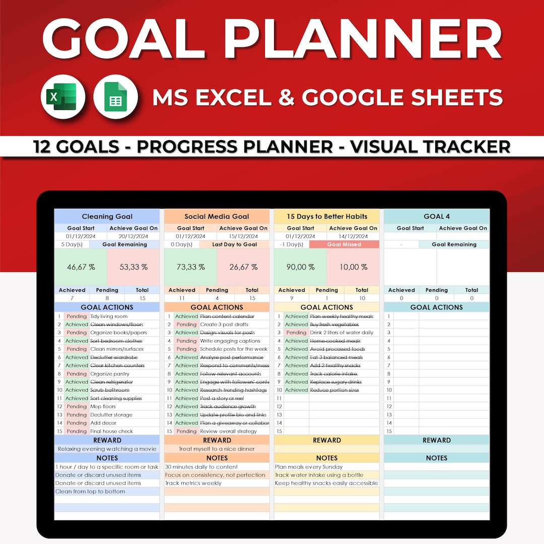 Goal Tracking Template. Excel & Google Sheets. Goal Achievement ...