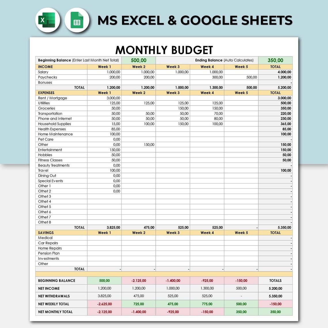 Monthly Budget Template, Simple, Finance, Personal Weekly Finance ...