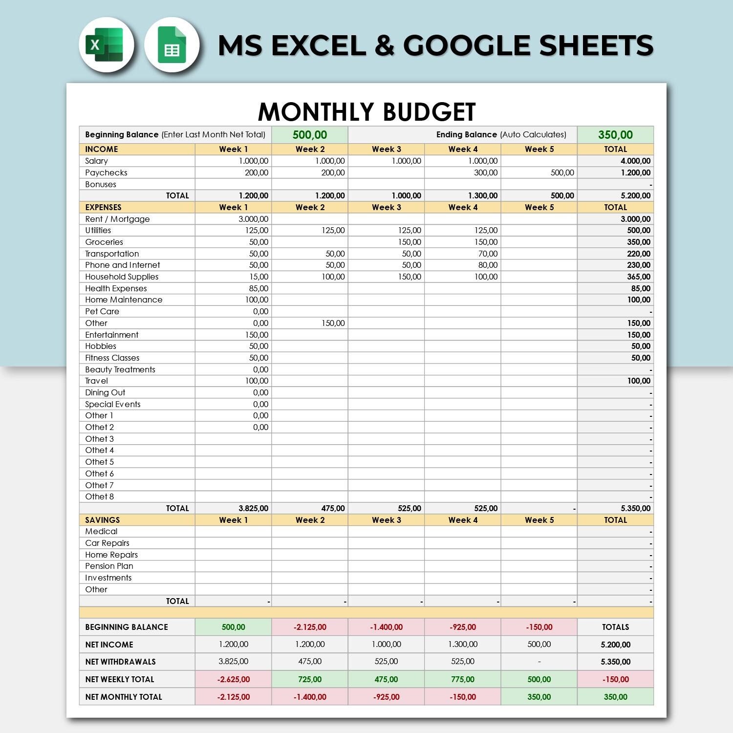 Monthly Budget Template, Simple, Finance, Personal Weekly Finance ...
