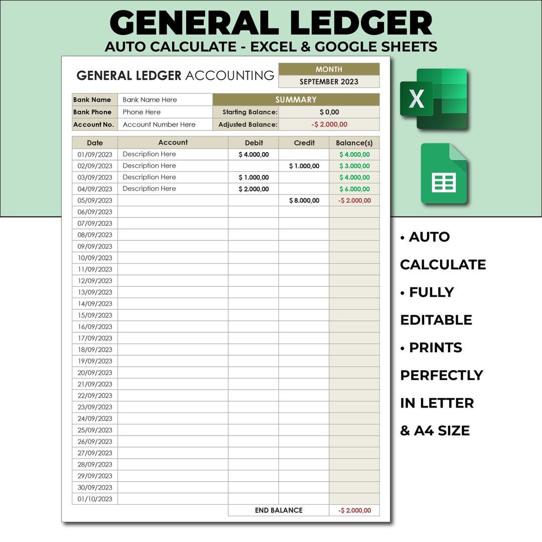 General Ledger Accounting Printable, General Ledger Spreadsheet, Money ...