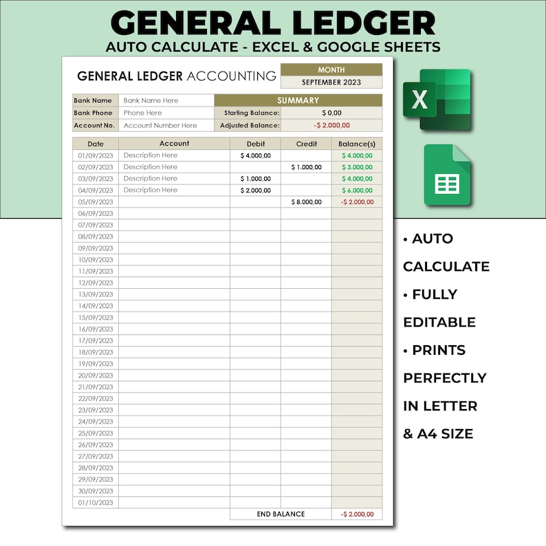 General Ledger Accounting Printable General Ledger Spreadsheet Money Tracker Bookkeeping
