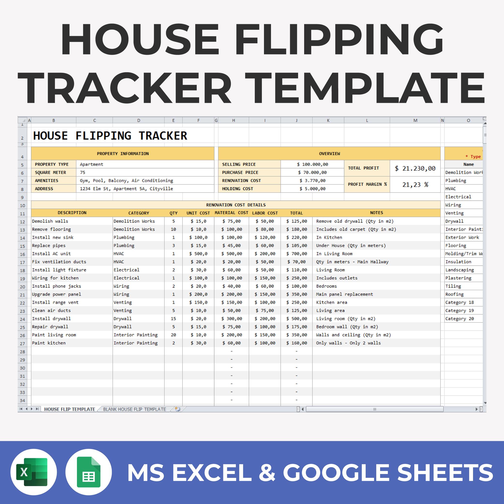 House Flip, Property Renovations Spreadsheet, Real Estate Flip ...