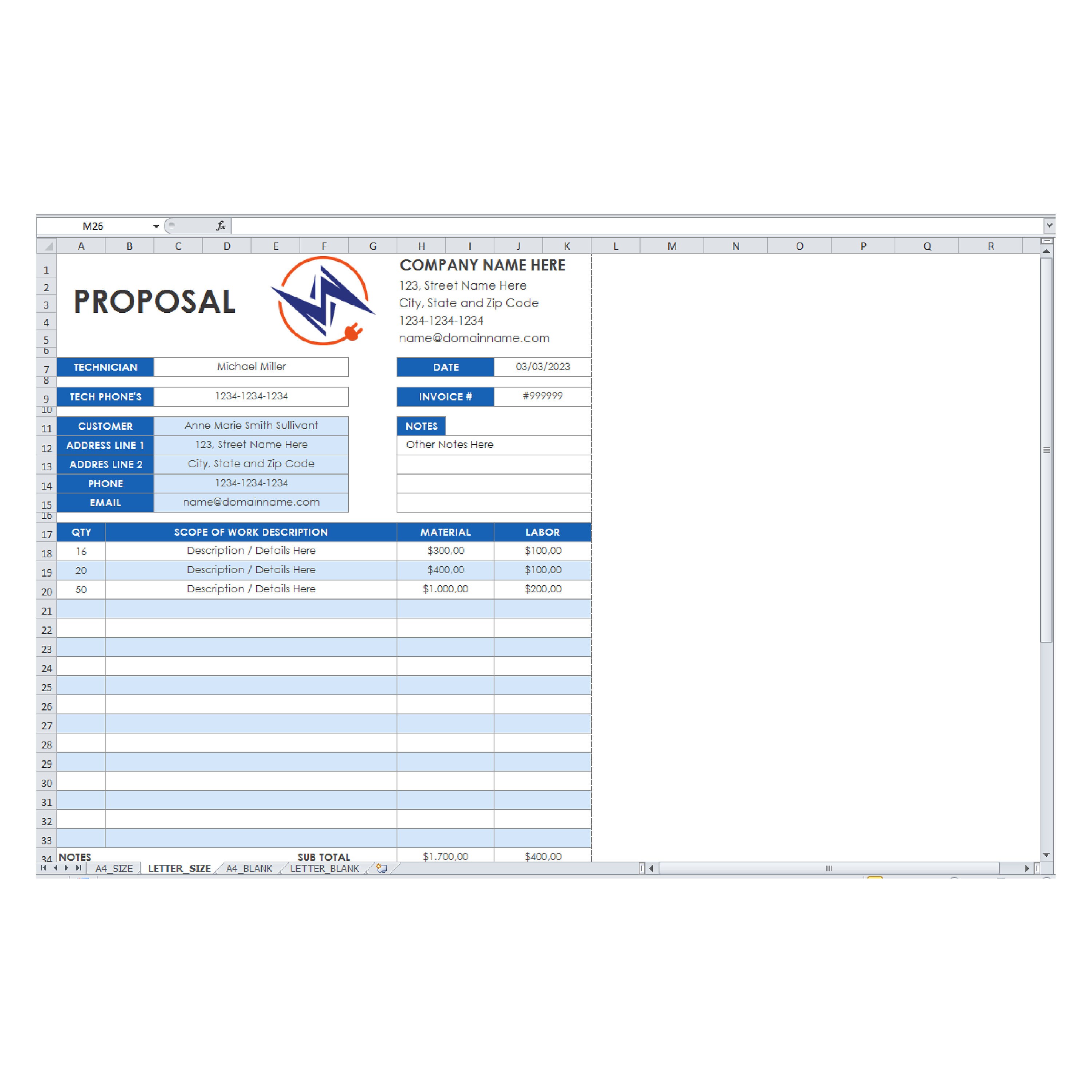 Electrical Estimate Proposal Template in Excel. Electrical Contractor ...