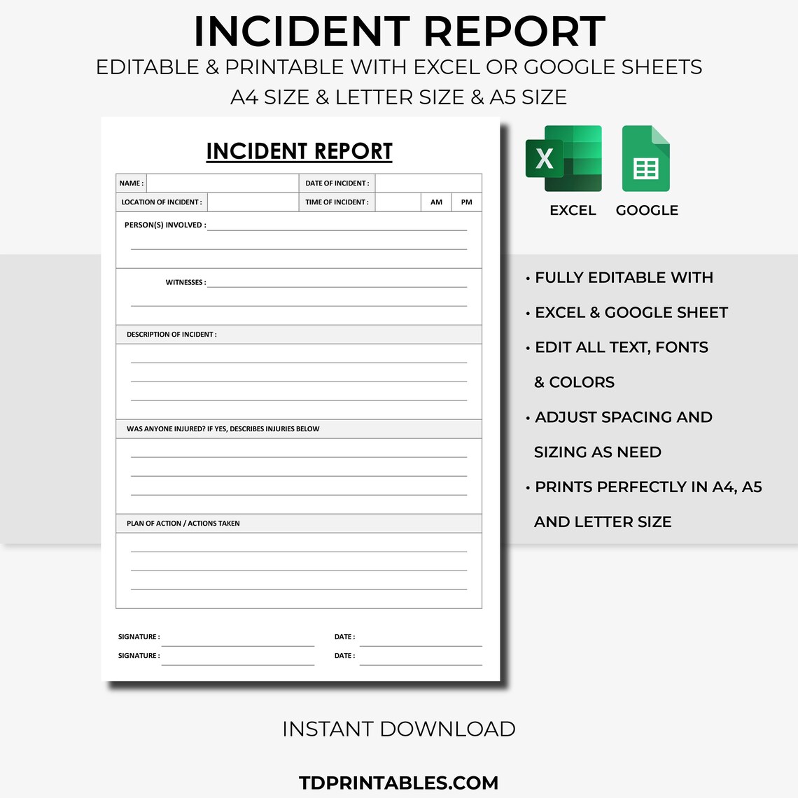 Printable Incident Report, Business Report,incident Log Sheet Report ...