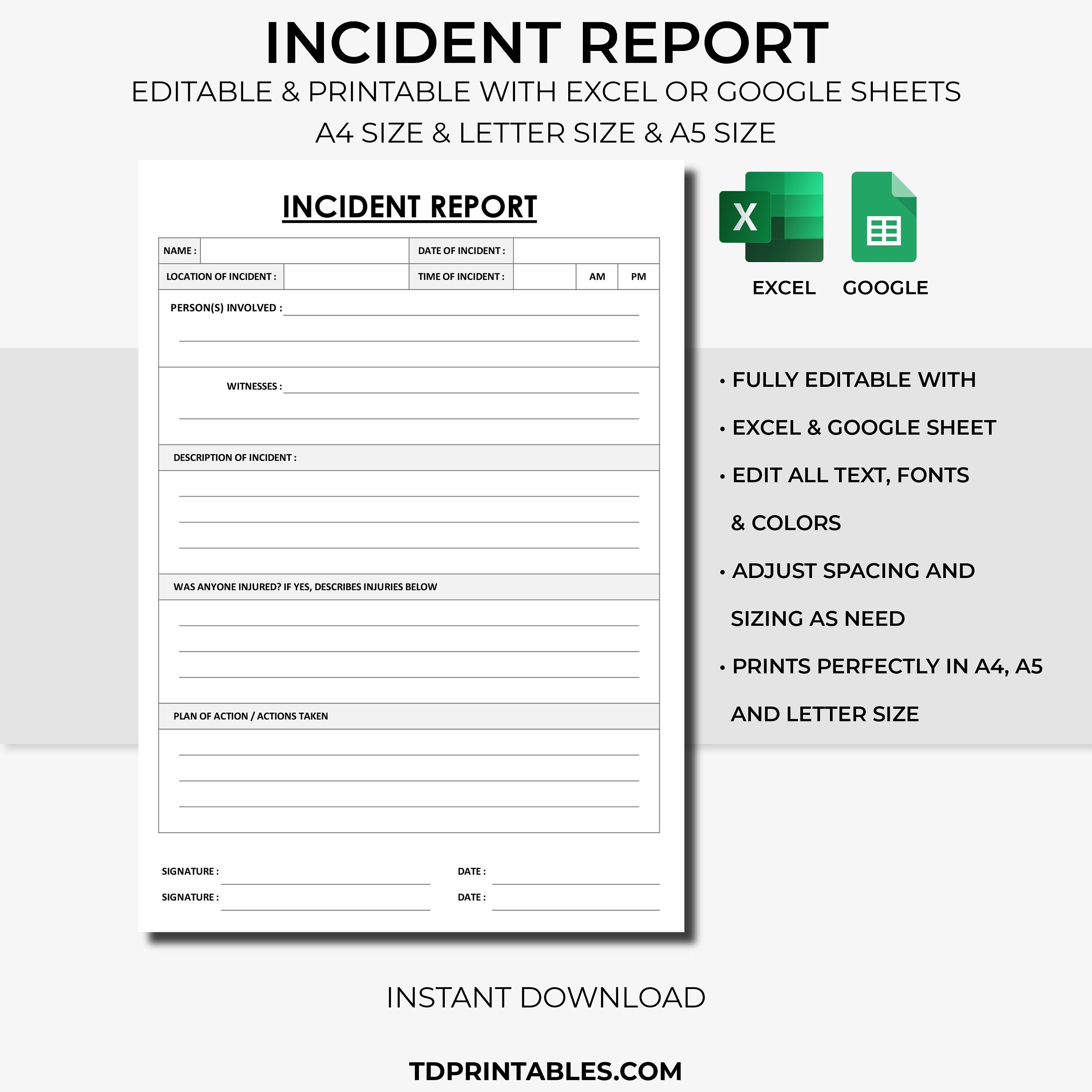Printable Incident Report, Business Report,incident Log Sheet Report ...