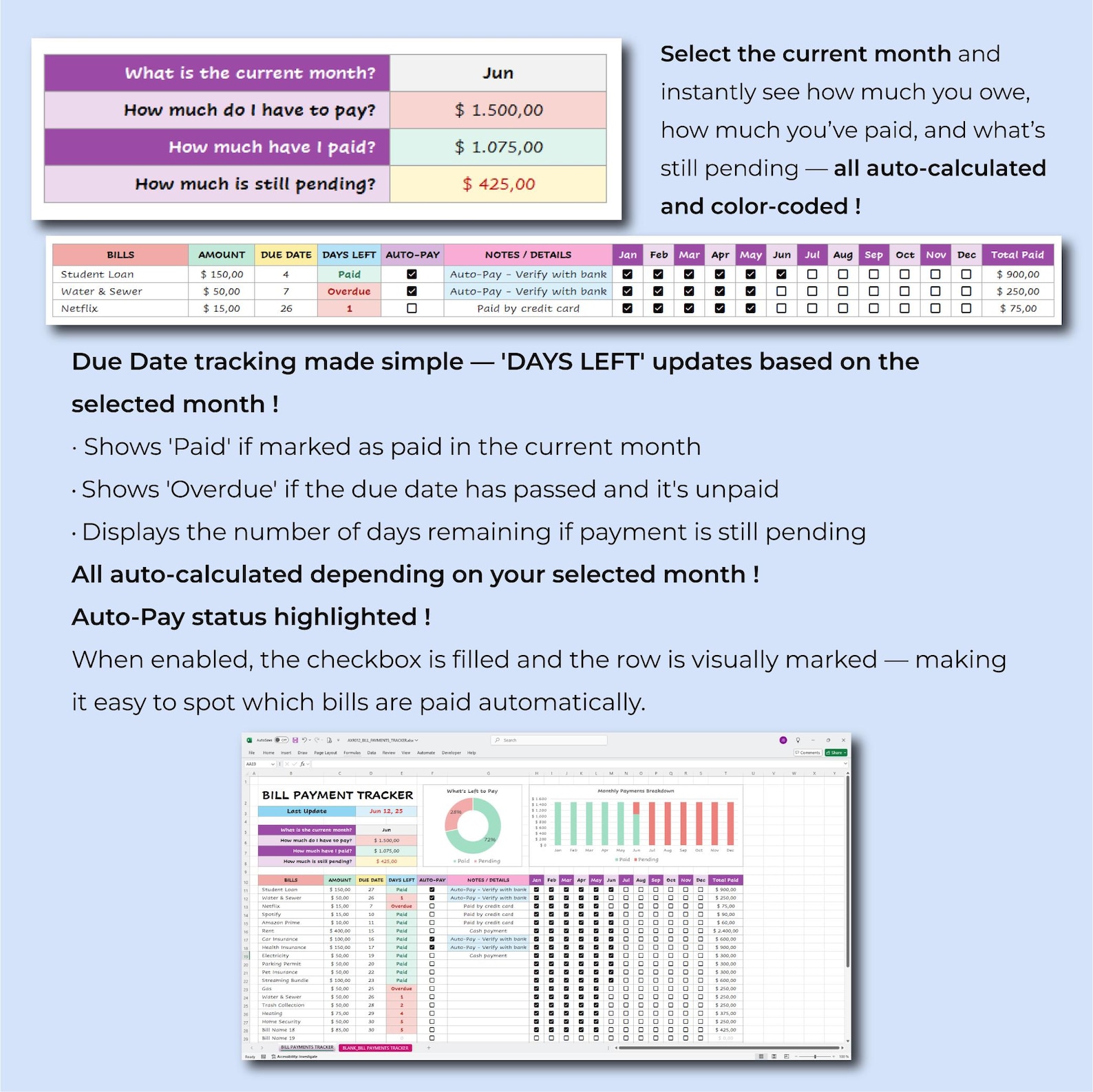 Excel Bill Tracker Template, Monthly Payment Tracking Spreadsheet, Bill ...