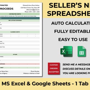 Seller Net Proceeds Sheet Template. Excel & Google Sheets. Real State ...