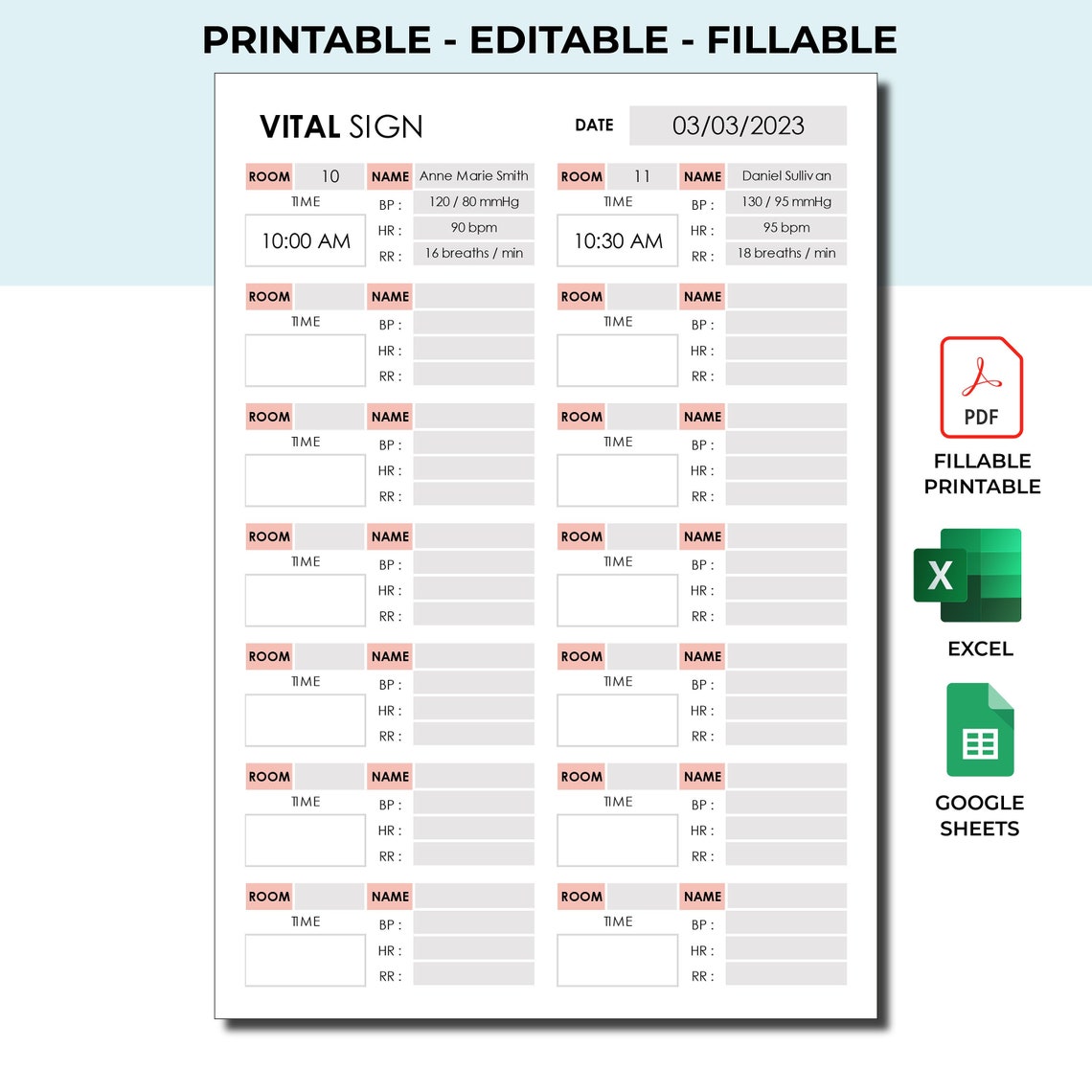 Editable Printable Vital Sign Chart, Vital Sign Log,vital Sign Tracker ...