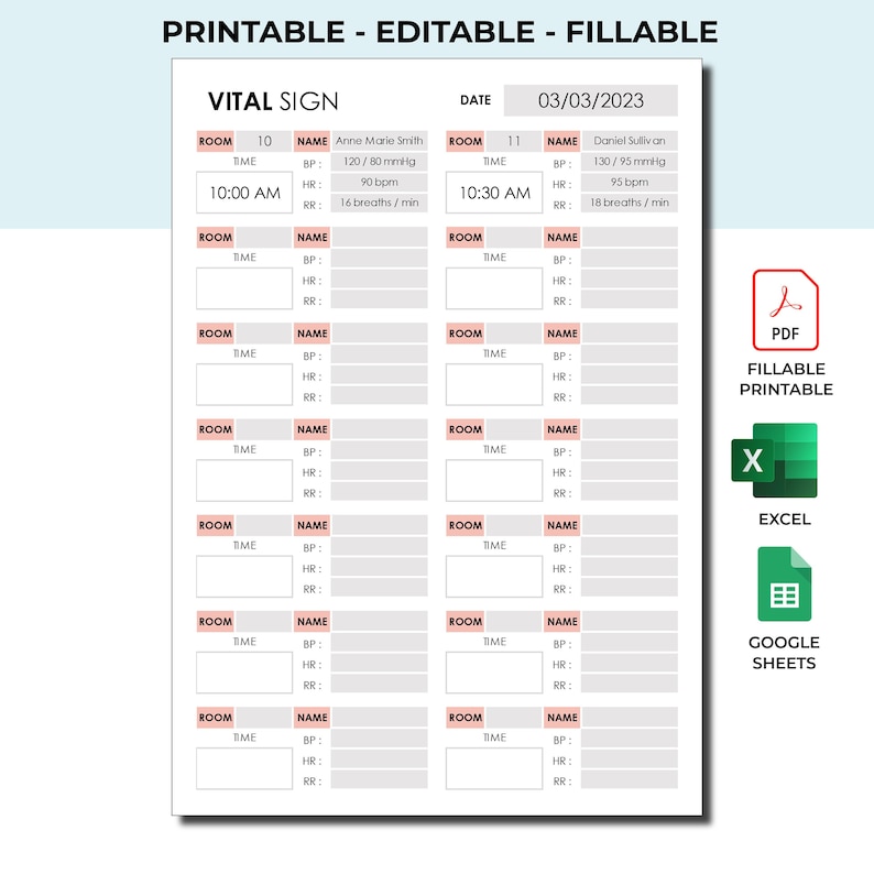 Editable Printable Vital Sign Chart, Vital Sign Log,vital Sign Tracker ...