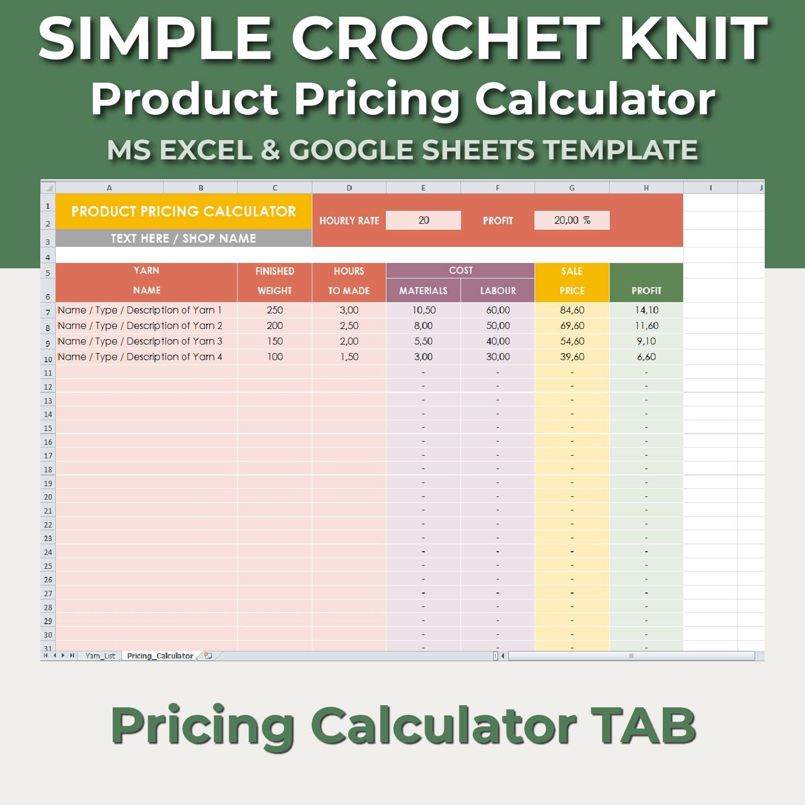 Crochet Spreadsheet Template for Knitter and Crocheters. Crochet Craft ...