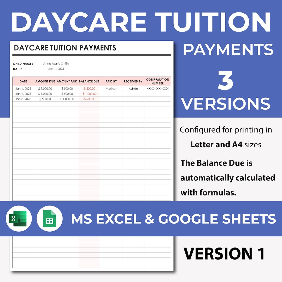 Daycare Tuition Payments Template | Excel Google Sheets Template ...