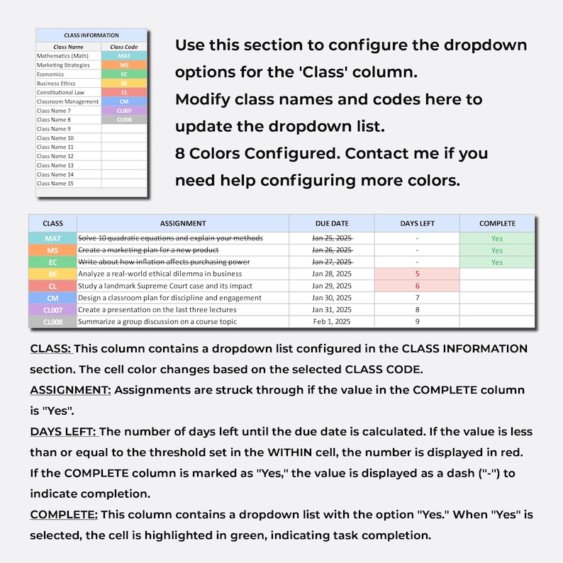 Assignment Tracker, School Spreadsheet, Excel 365 Google Sheets ...