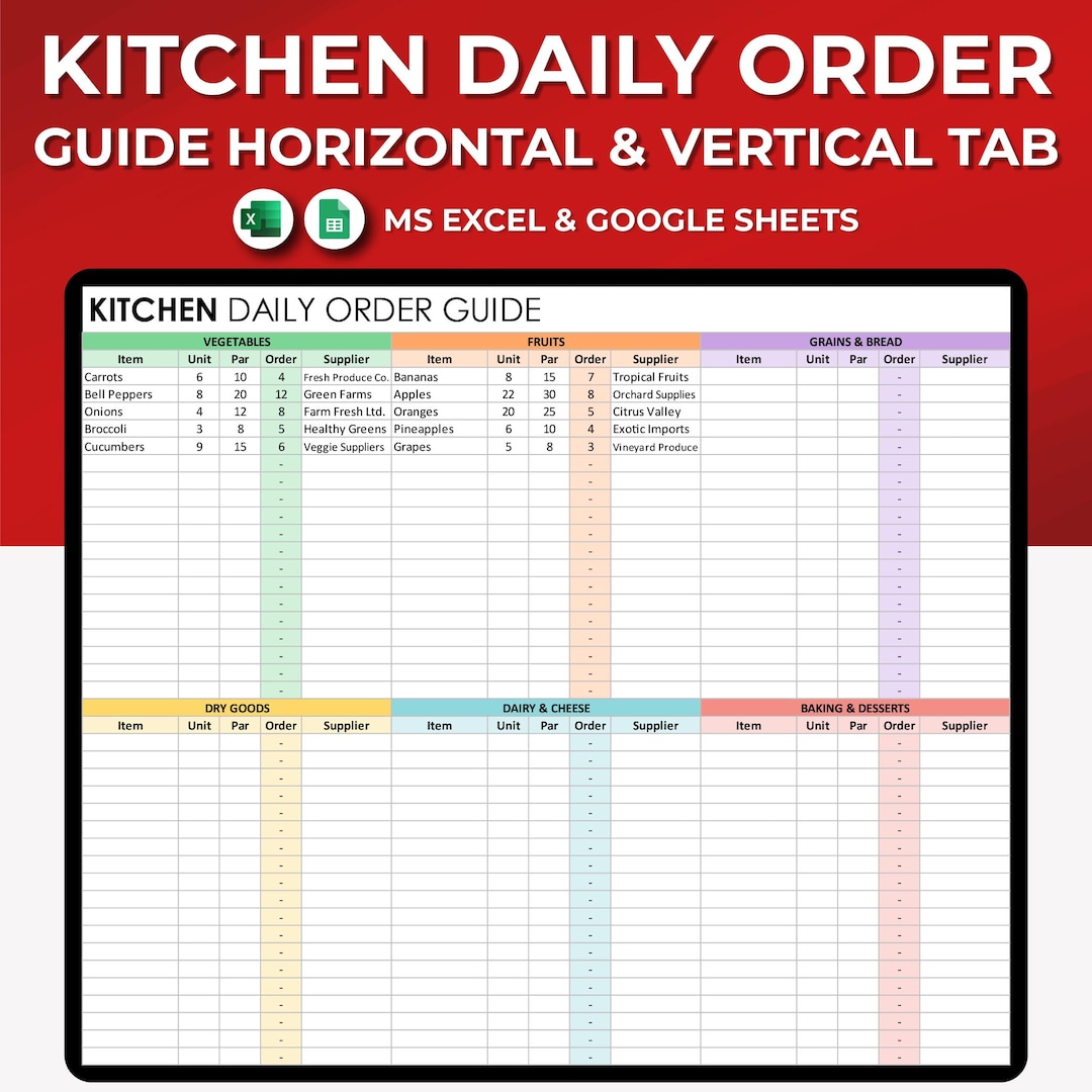 Restaurant Kitchen Spteadsheet Template, Kitchen Daily Order, Excel ...