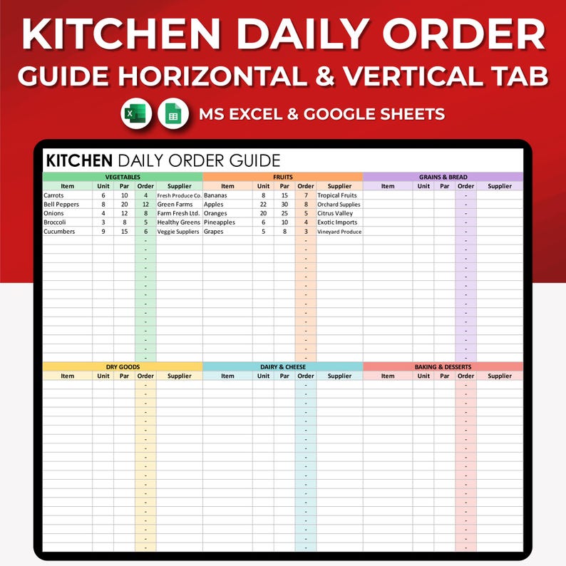 Restaurant Kitchen Spteadsheet Template, Kitchen Daily Order, Excel ...