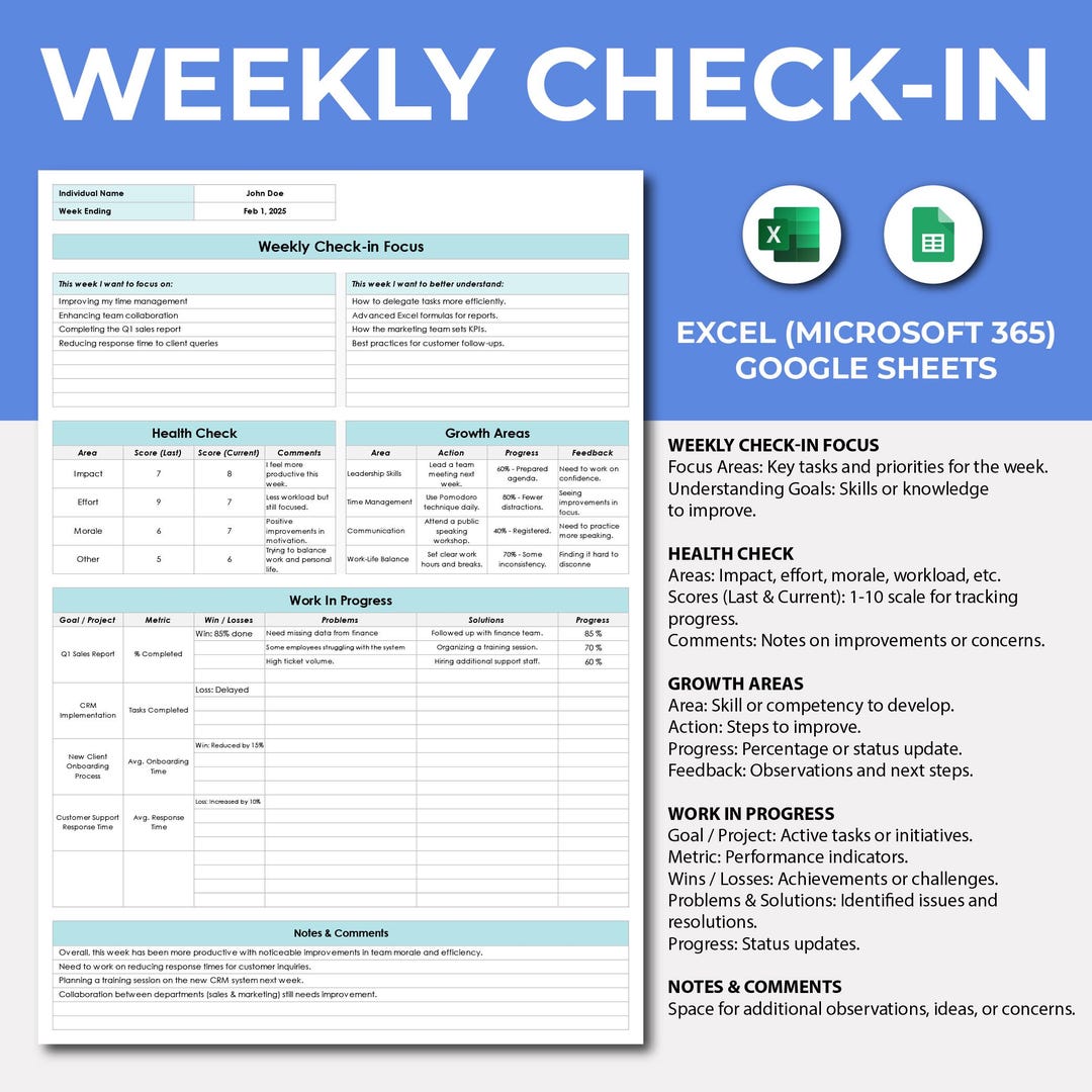 Weekly Team Member Check-in Template, Excel Google Sheets, Weekly Check ...