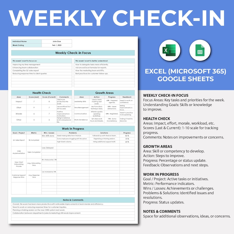 Weekly Team Member Check-in Template, Excel Google Sheets, Weekly Check ...