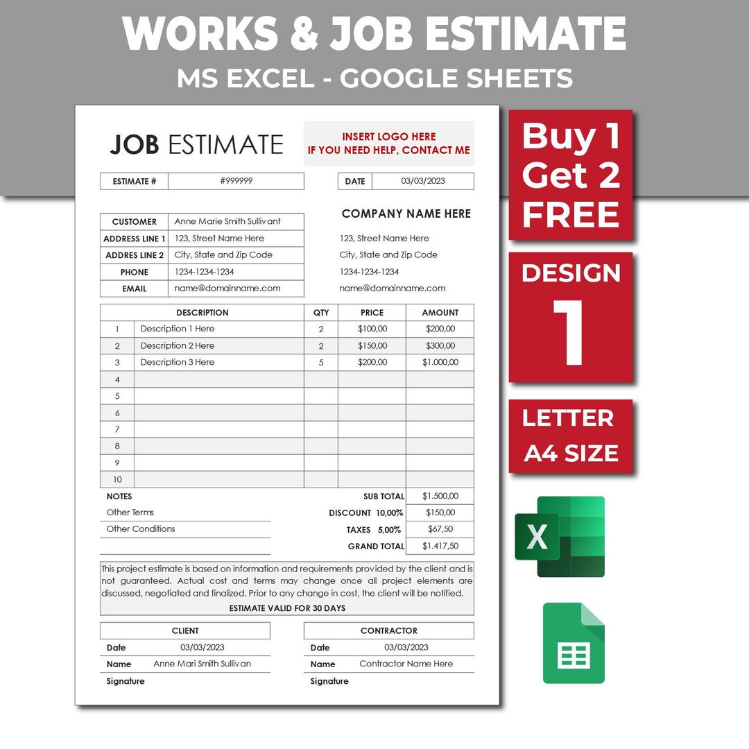 Job Estimate Template. Excel Editable Spreadsheet. Google Sheets ...