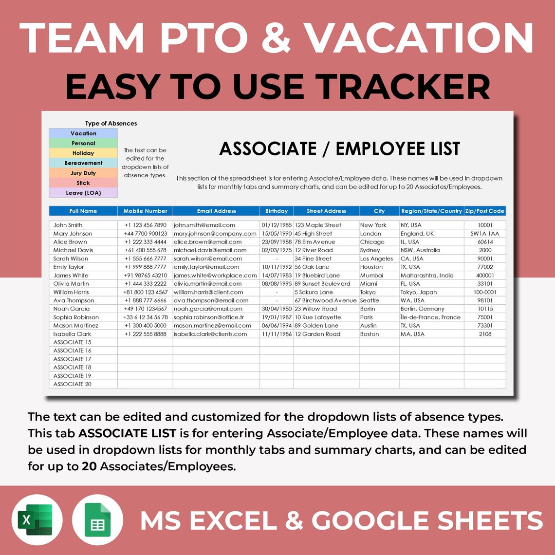 Pto Tracker Excel Google Sheet Spreadsheet Template, Associate Vacation ...