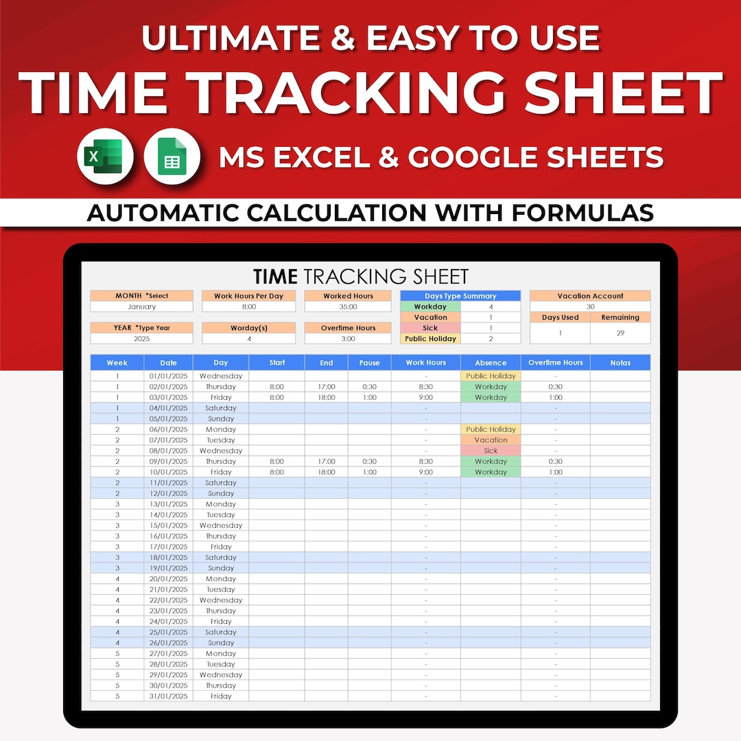 Time Tracking Sheet, Time Logging, Work Hours Tracking, Attendance ...