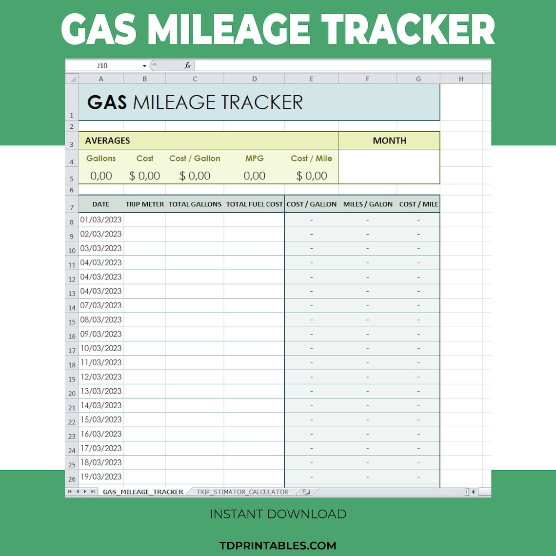 Gas Mileage Tracker. Mileage Log Sheet. Auto Calculate Excel ...