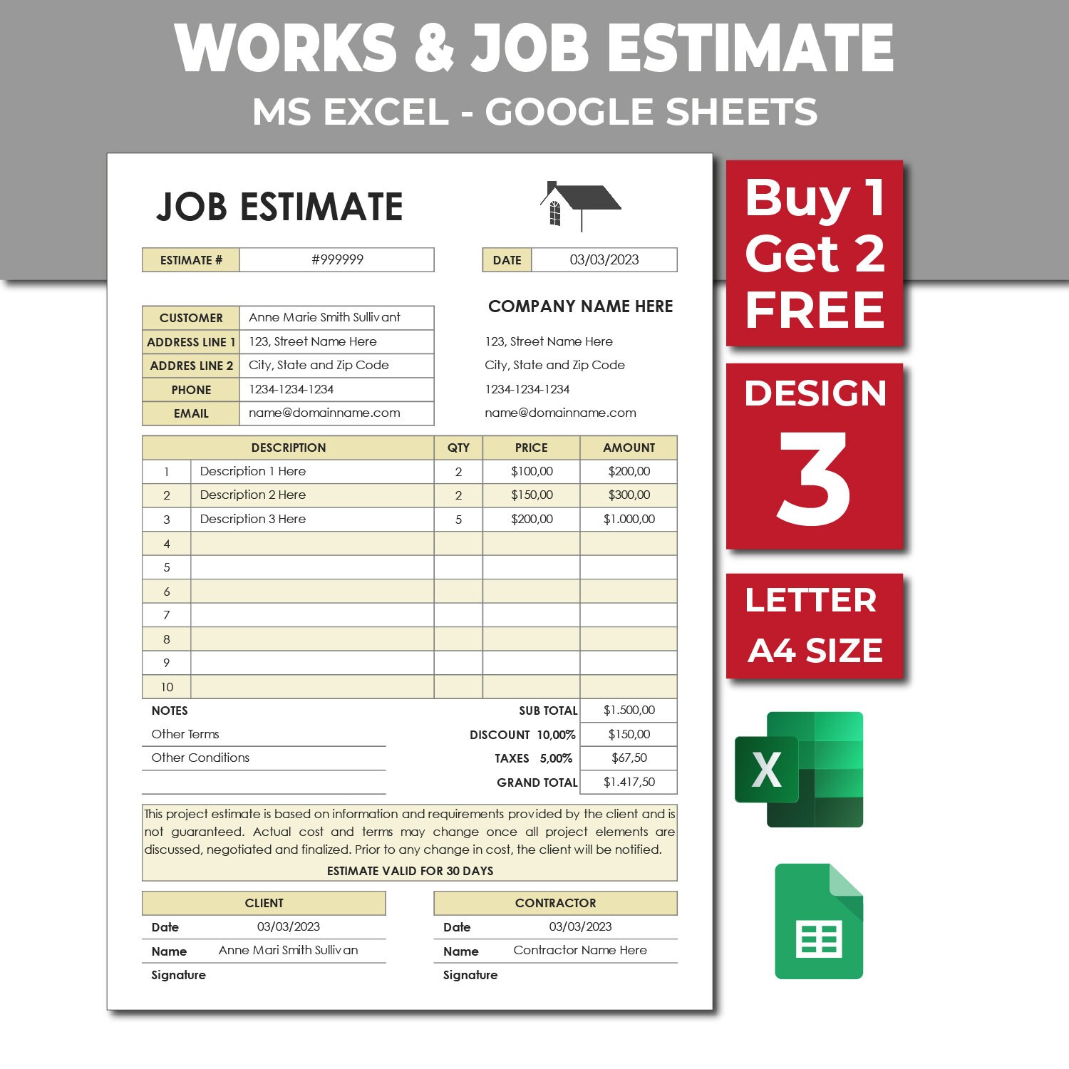Job Estimate Template. Excel Editable Spreadsheet. Google Sheets ...