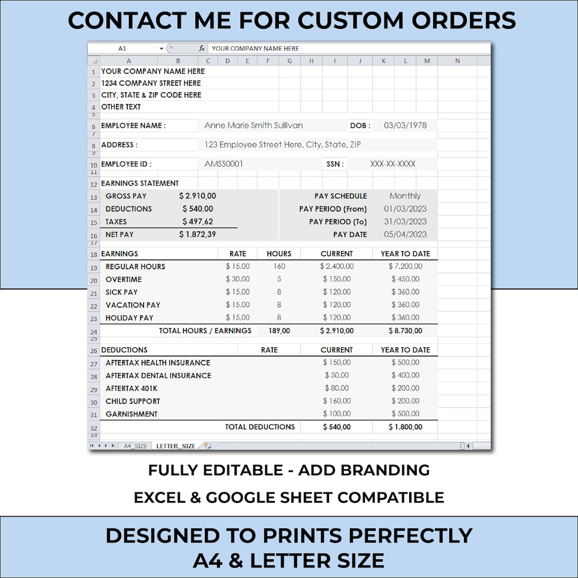 Excel & Google Sheets Spreadsheet Template: Paystub, Payroll, Pay Stub Generator, Earning ...
