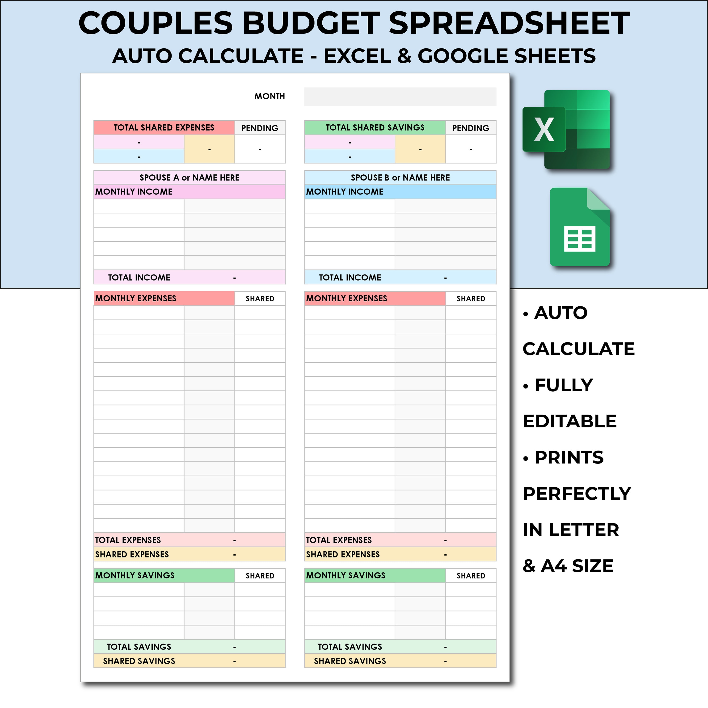 Couples Budget Spreadsheet Template: Monthly Shared & Personal Expense ...