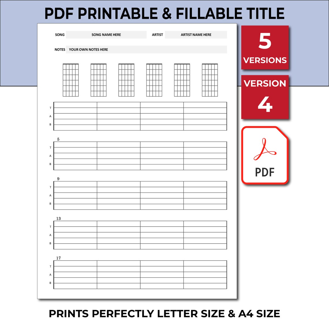 Printable Guitar Tabs for Students and Teachers. Blank Tablature Sheets ...