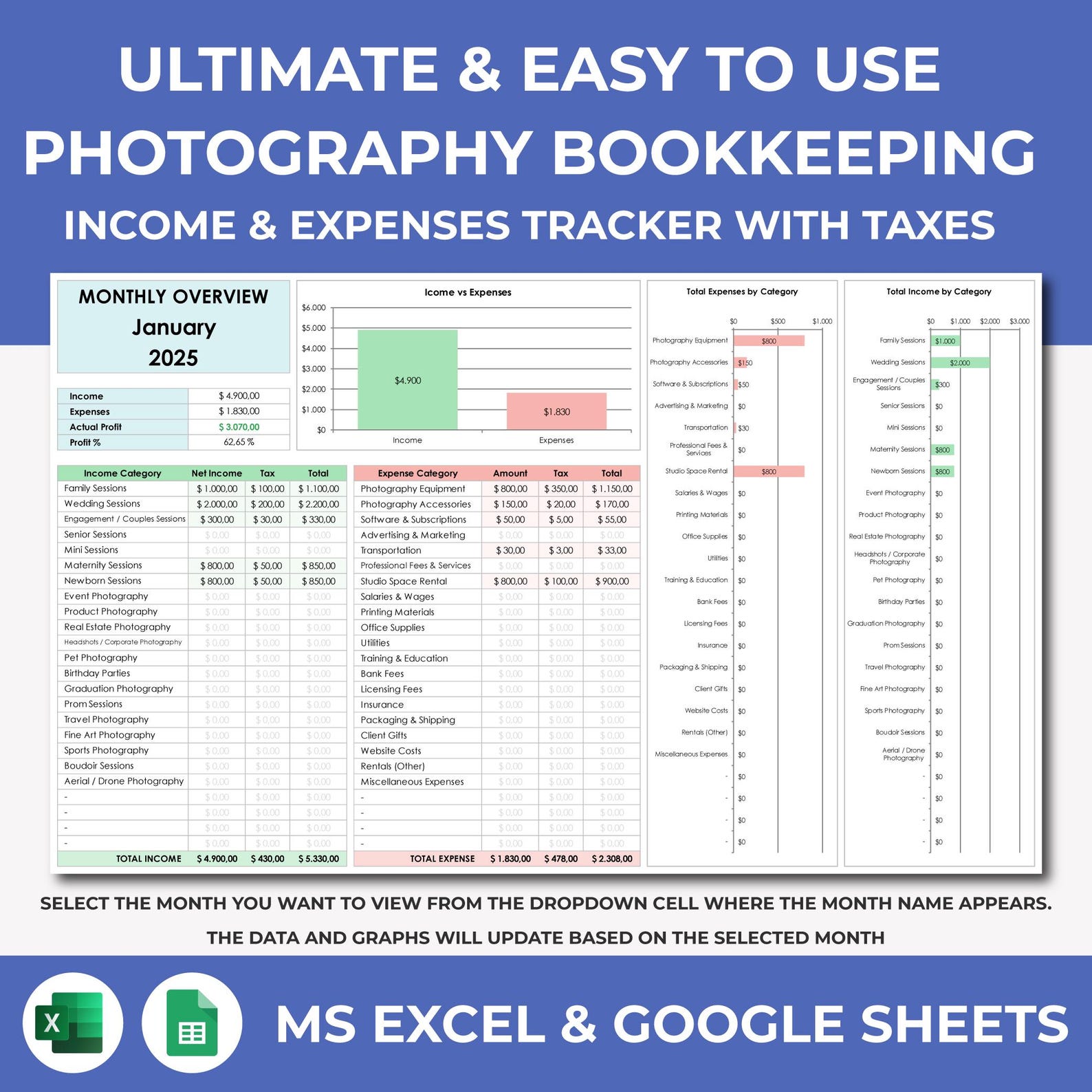Photography Bookkeeping Spreadsheet | Photography Income & Expense ...