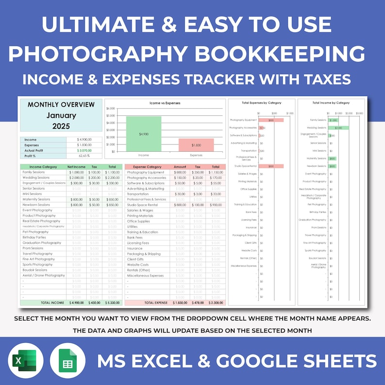Photography Bookkeeping Spreadsheet | Photography Income & Expense ...