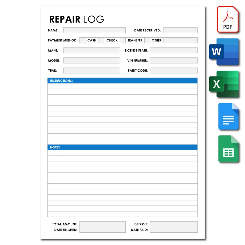 Vehicle Repair Log. Car, Motorcyvle, Truck Repair Log. Vehicle Repair ...