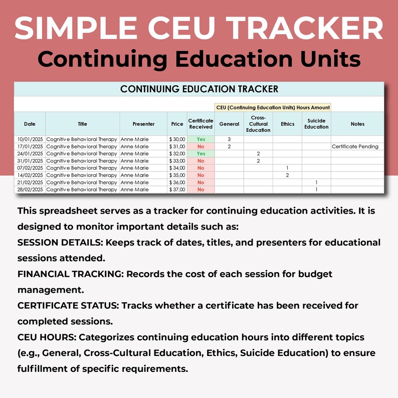 CEU Tracker Template Excel 365 Spreadsheet, Continuing Education ...