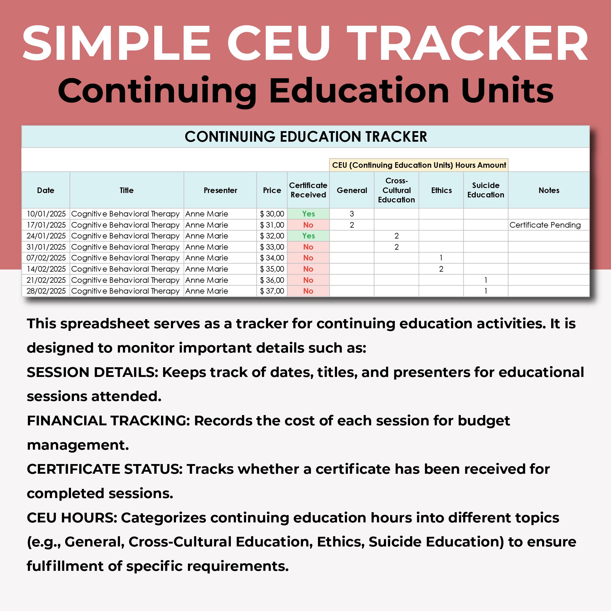 CEU Tracker Template Excel 365 Spreadsheet, Continuing Education ...