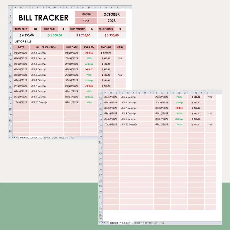 Excel Bill Tracker Template. Excel Spreadsheet Bill Management. Excel ...