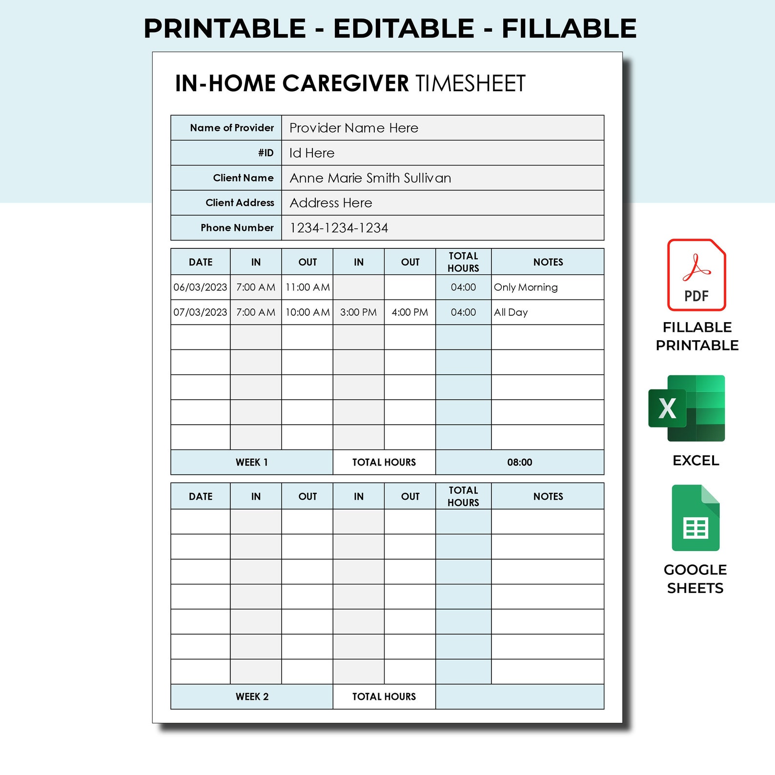 Editable Caregiver Timesheet, Home Health Care Time Sheet, Caregiver ...