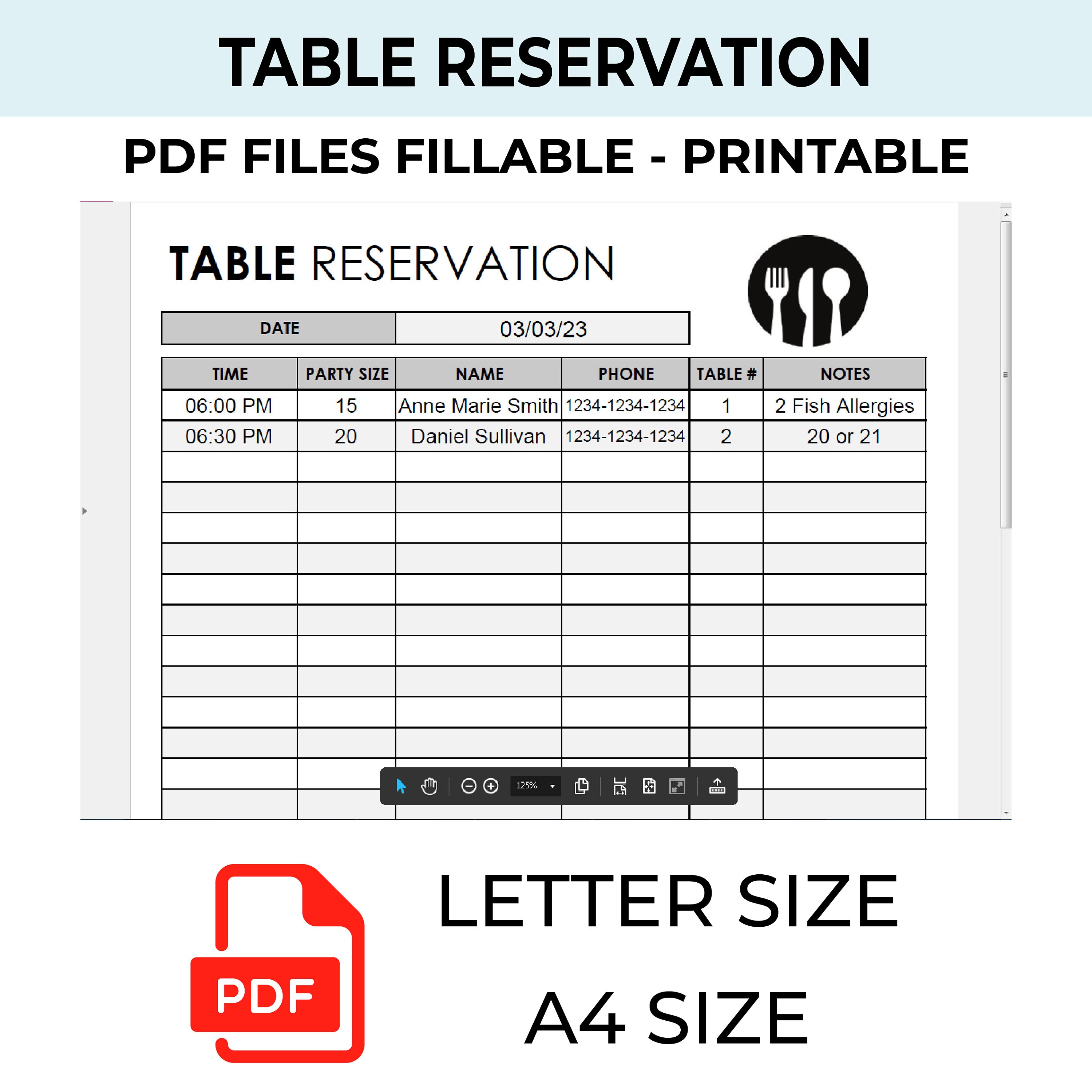 Printable Reservation Form, Restaurant Reservation Sheet, Printable ...