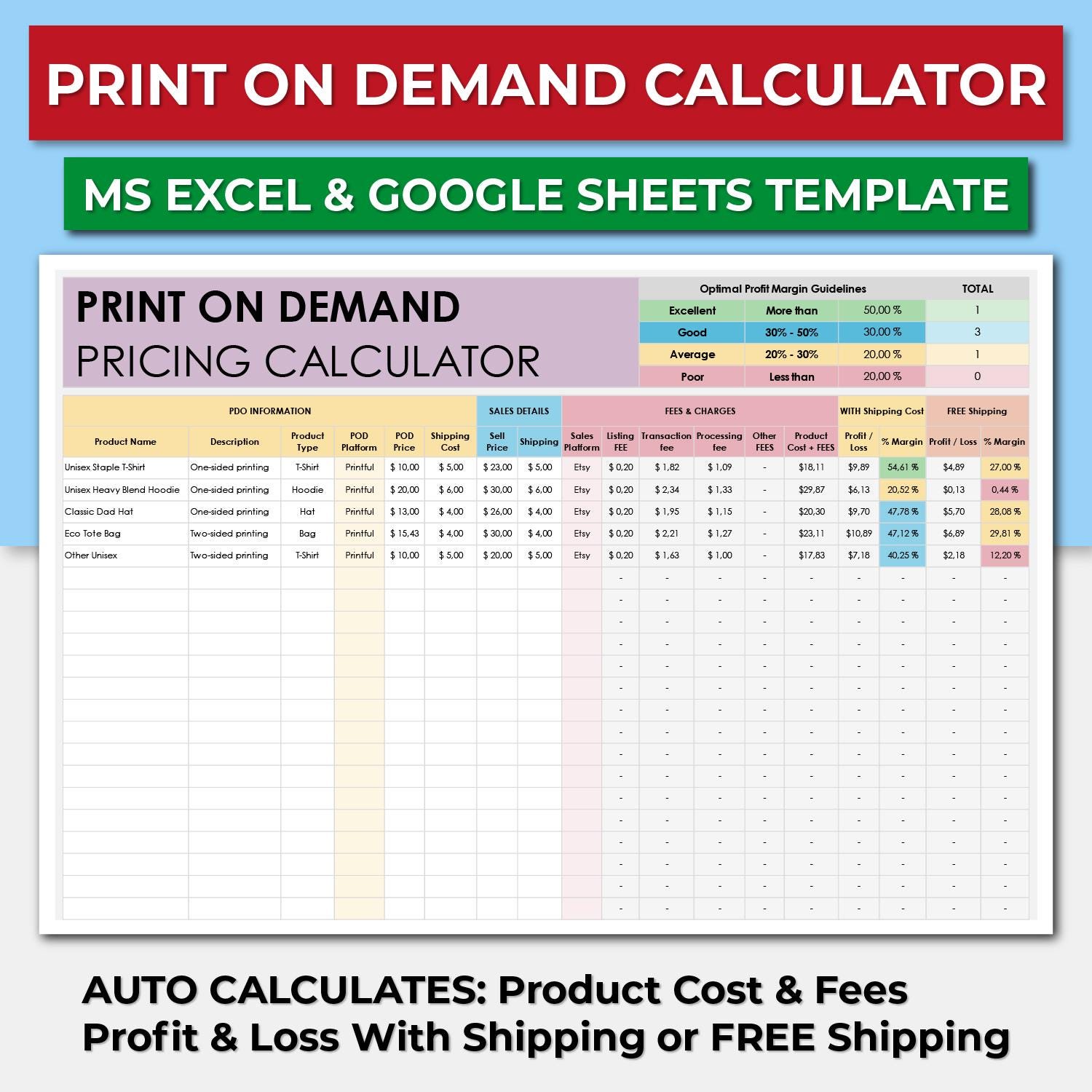 POD Platforms Profit & Fees Calculator. Printify Printful Gelato AOP+ ...