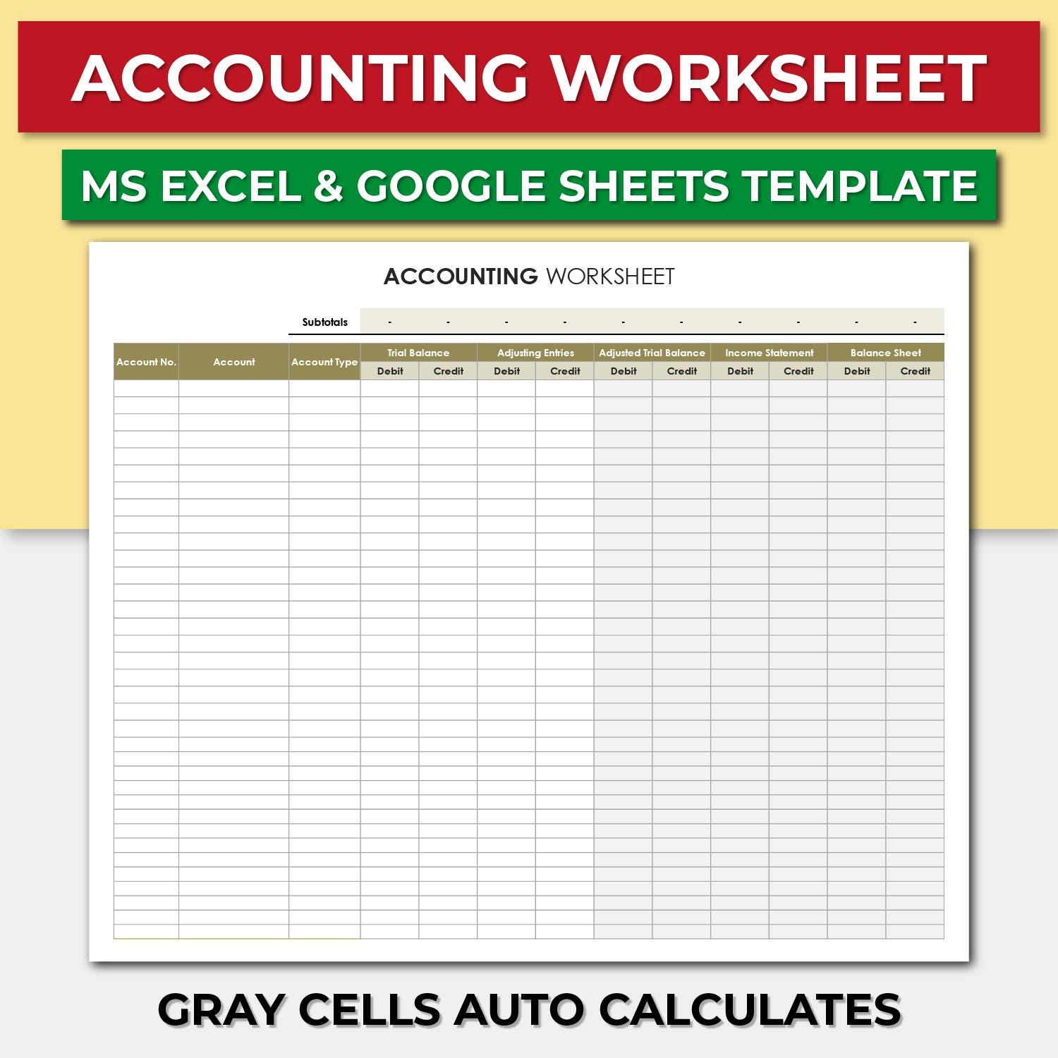 Accounting Worksheet Spreadsheet Template. Balance Sheet: Assets ...
