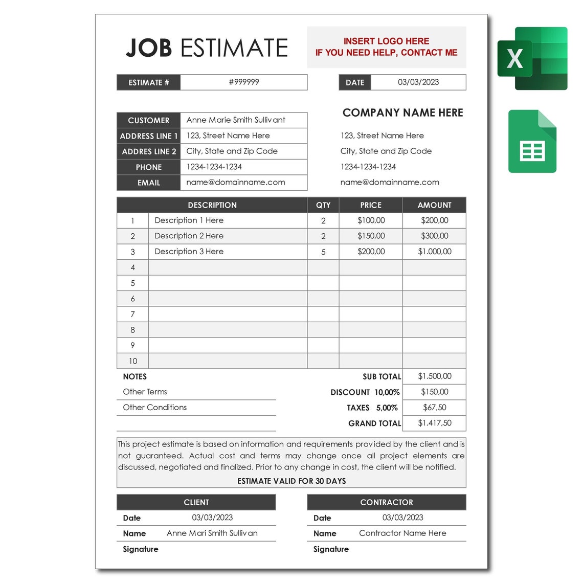 Job Estimate Template. Excel Editable Spreadsheet. Google Sheets ...