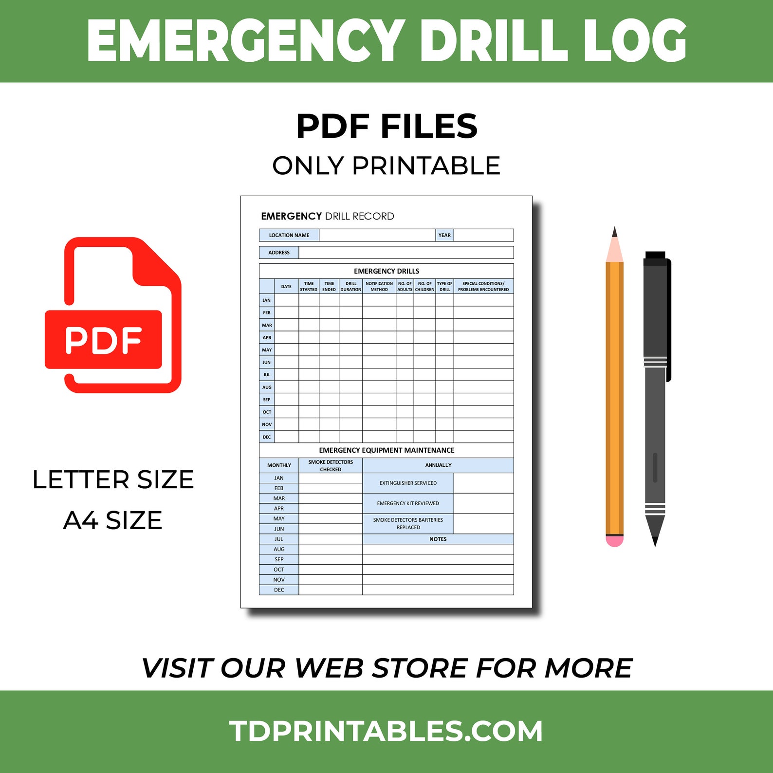 Printable Emergency Evacuation Log. Emergency Drill Record. Fire Drill ...
