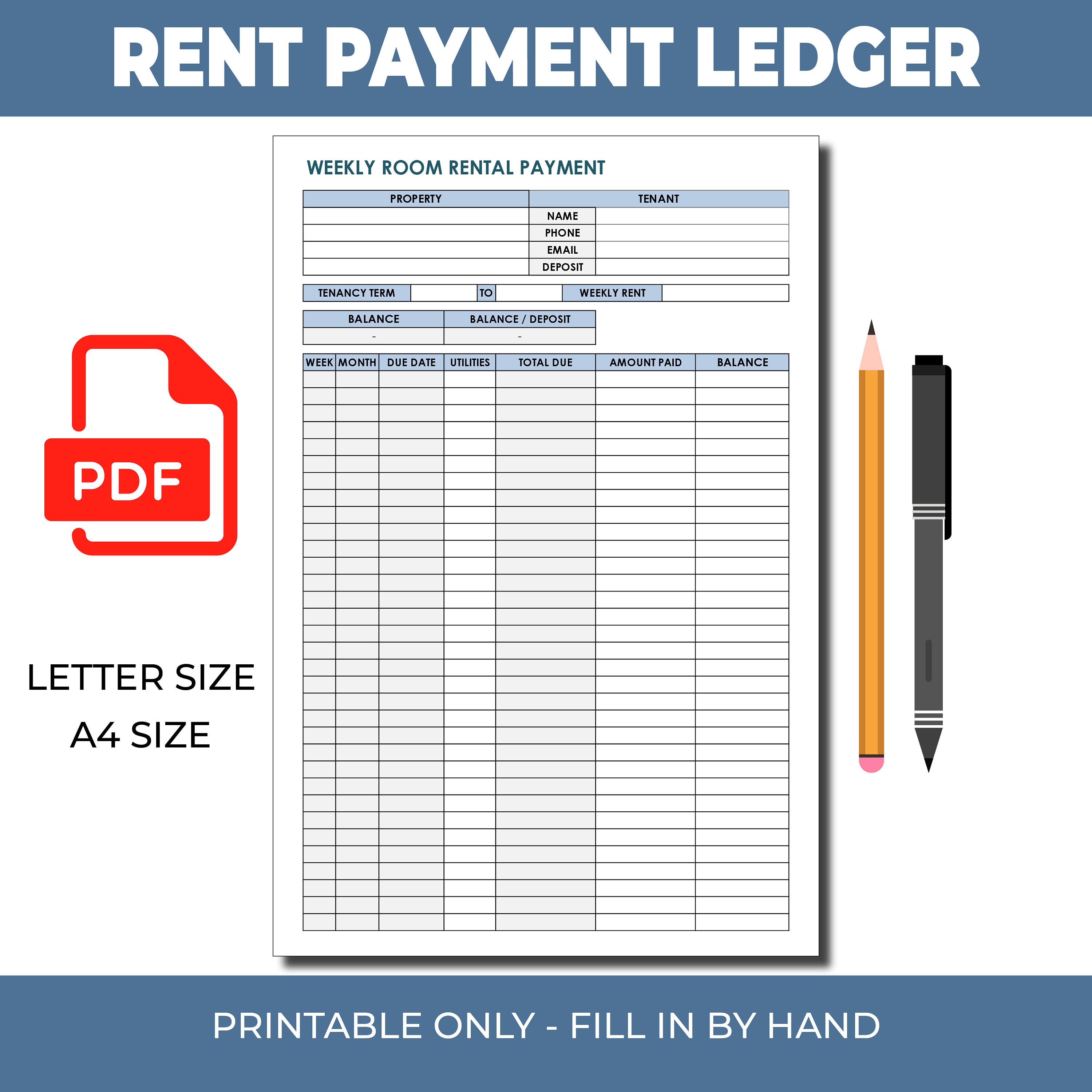 Weekly Rent Payment Ledger Spreadsheet Template. Weekly Rent Payment ...