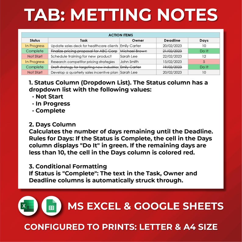 Meeting Notes Excel Google Sheets Template | Agenda | Work Meeting ...