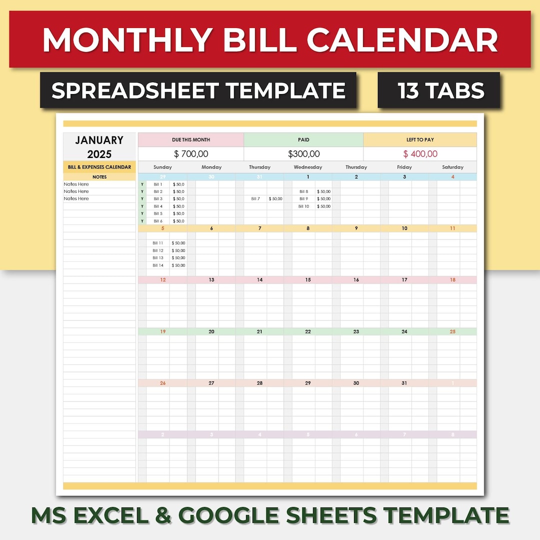 Bill Planner Excel Calendar Spreadsheet Template. Bill Tracker ...